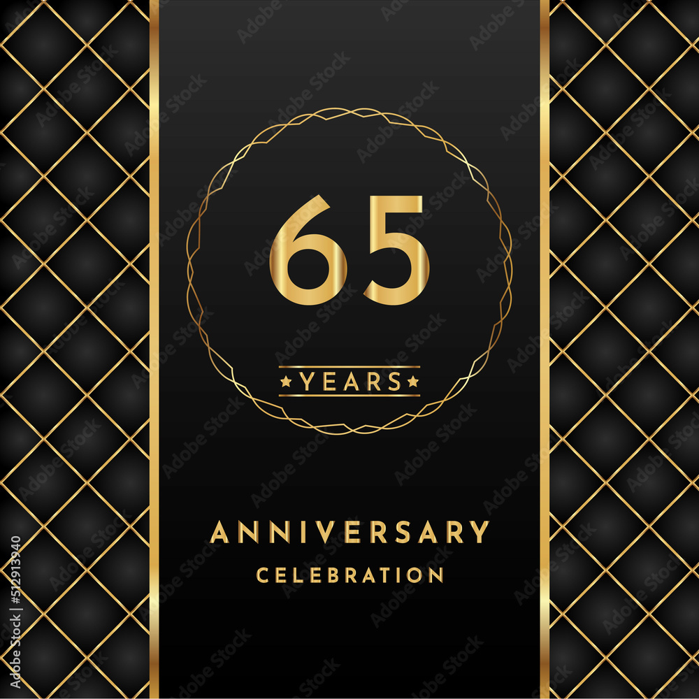 65 years anniversary celebration golden color with circle ring isolated ...