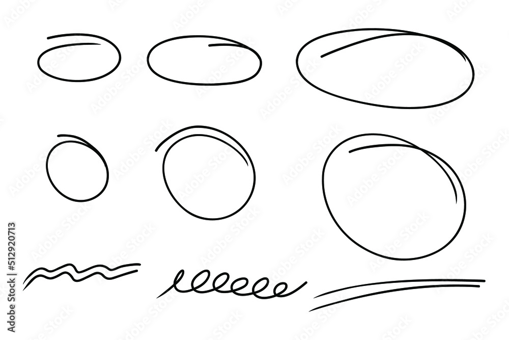 Hand drawn circles frame and line set. Doodle highlight ovals. Marker ...