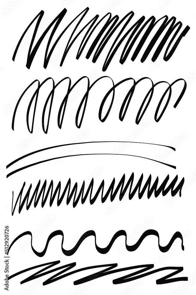 Hand drawn marker line stroke set. Highlight underline and strike ...