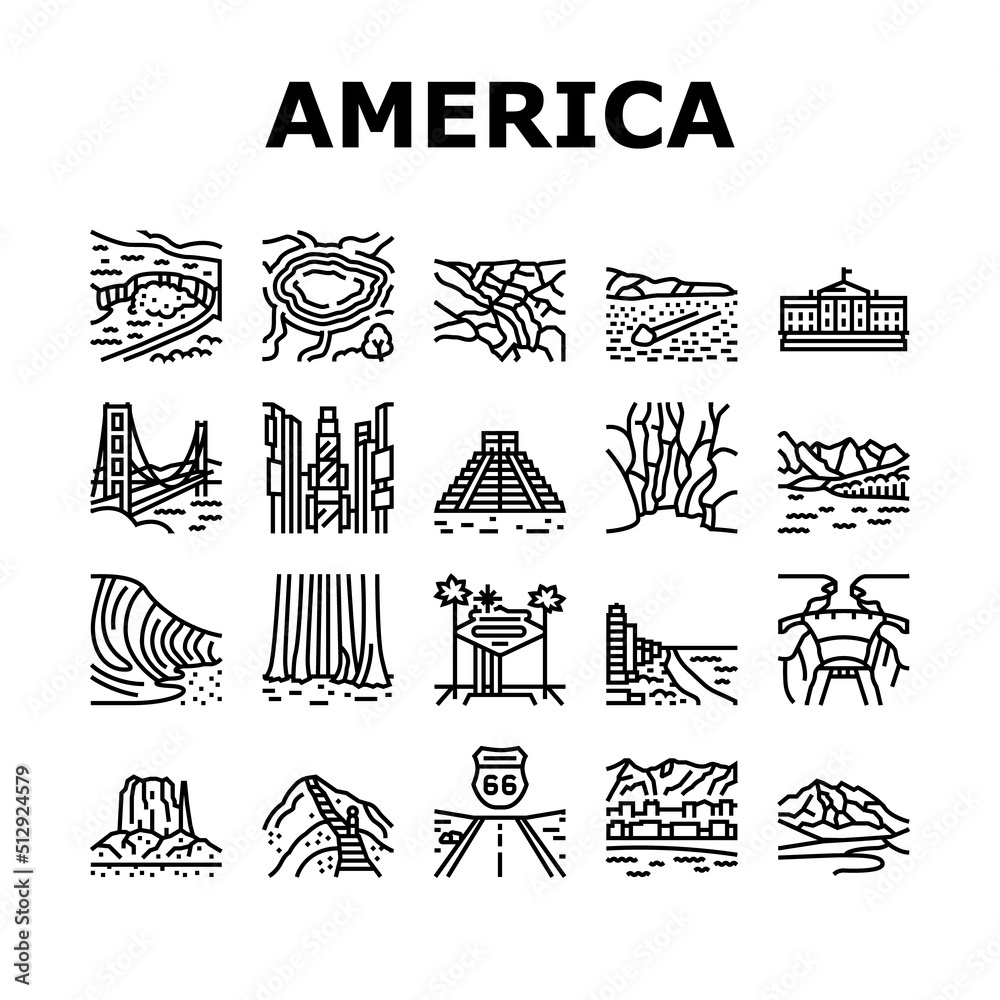 North America Famous Landscape Icons Set Vector. Haiku Stars And Rock ...