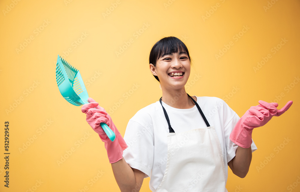 Attractive Young Asian Woman Wearing Apron With Pink Rubber Gloves And