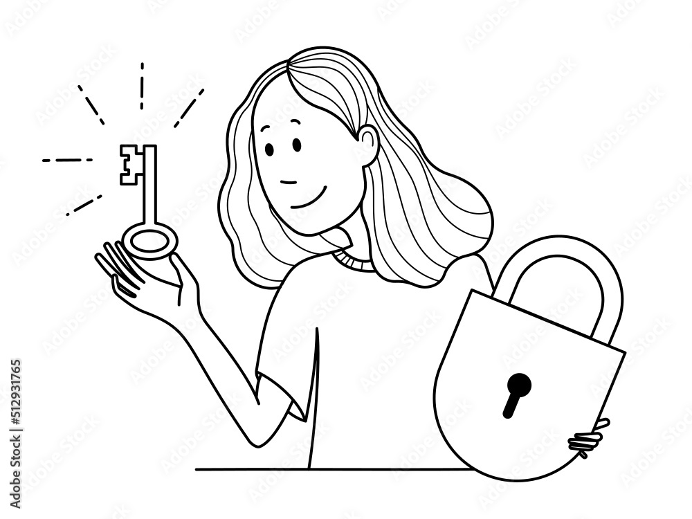 Girl with a lock and a key in her hands. Concept - a girl finds a ...
