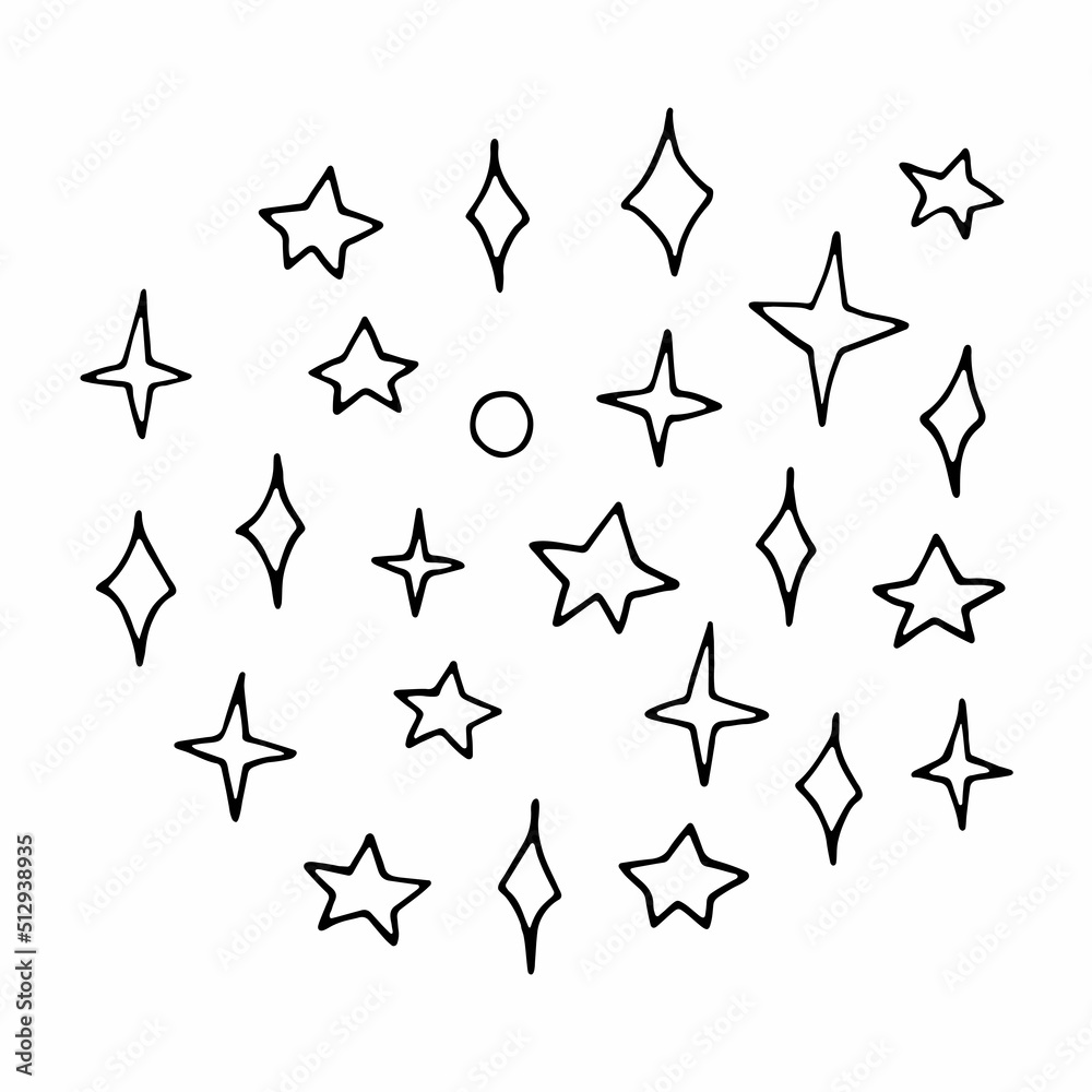 Line doodle Space set. Hand-drawn star isolated on white background ...