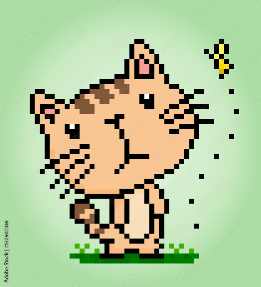 Pixel 8 bit cat saw a butterfly. Animals for game assets in vector ...