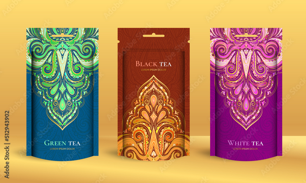 Tea packaging design with zip pouch bag mockup. Vector ornament ...