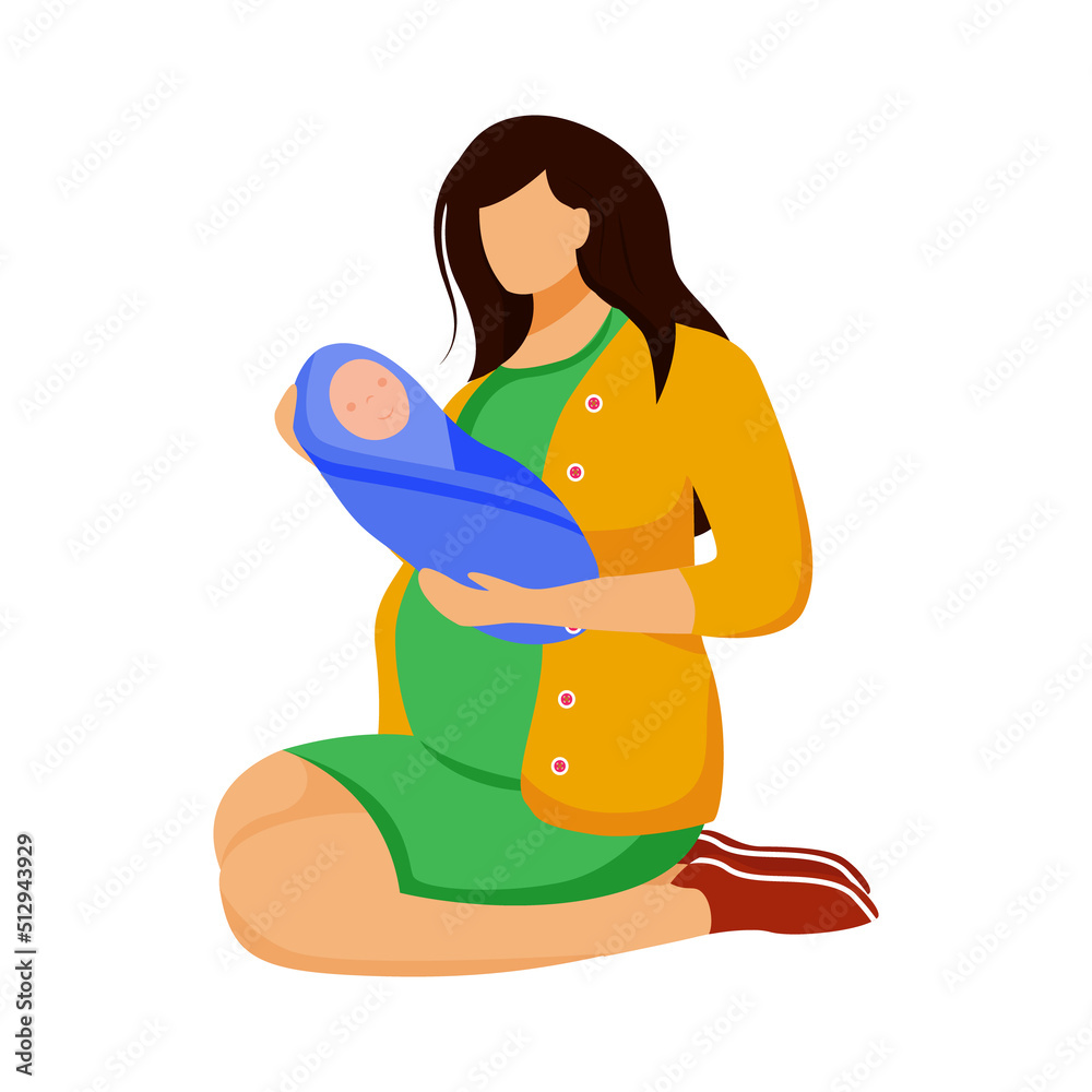 First time mother with newborn baby semi flat color vector characters ...