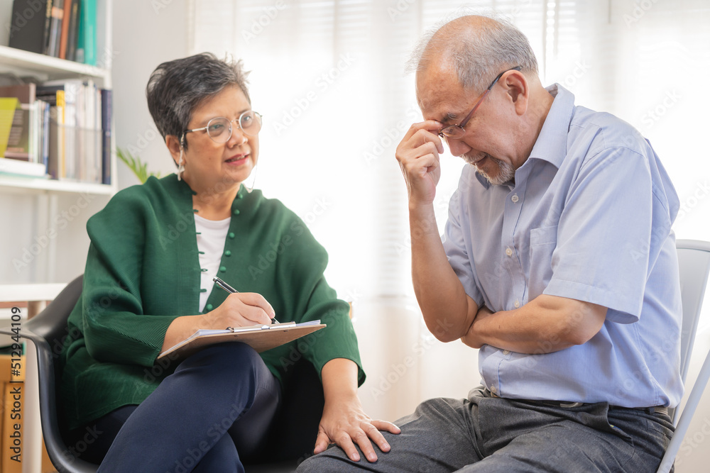Psychology, depression people. Elderly asian adult man, men consulting with psychologist ...