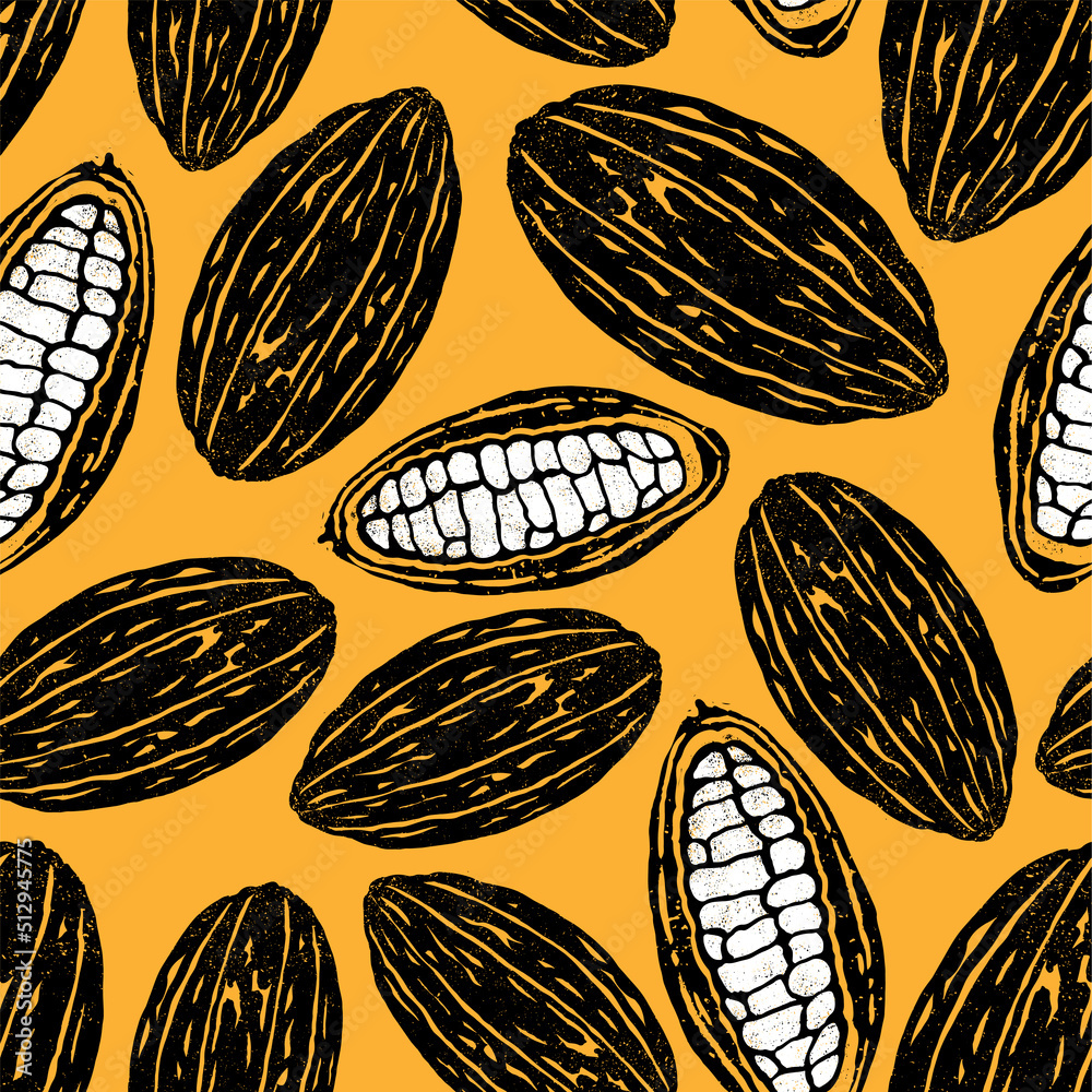 Cacao beans seamless pattern. Cocoa fruit vintage yellow background ... Cacao beans seamless pattern. Cocoa fruit vintage yellow background ...