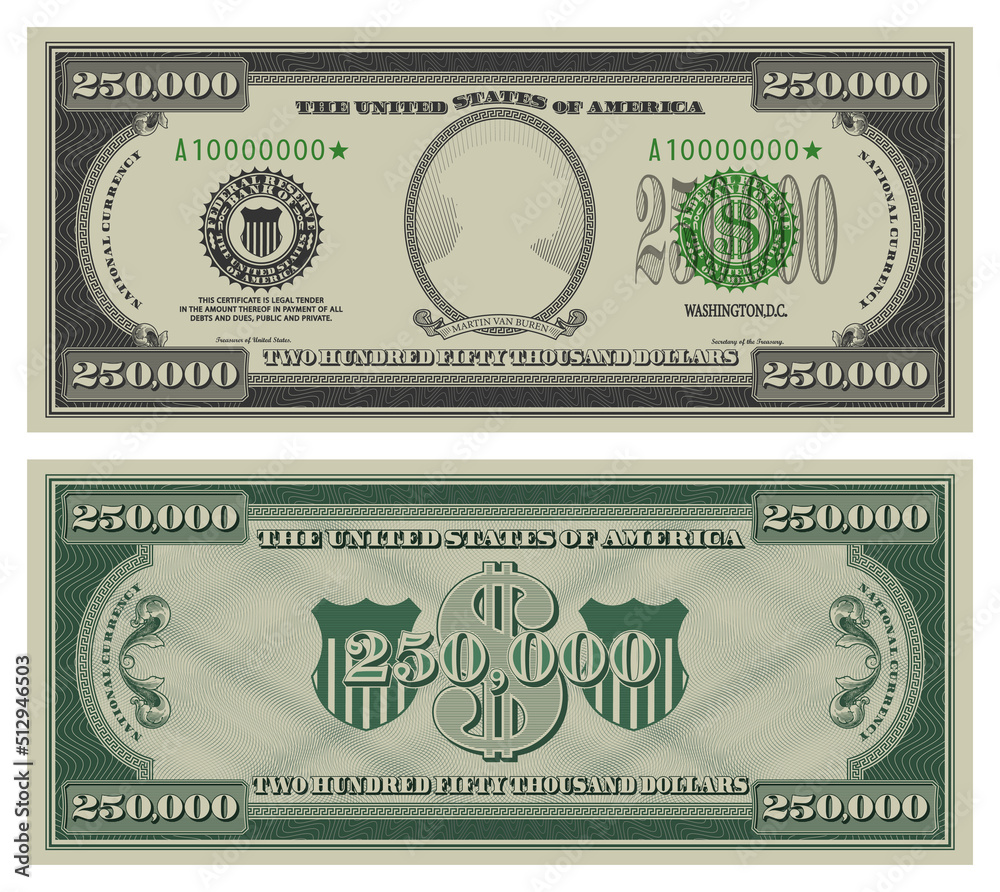 Vector 250 000 dollars banknote. Gray obverse and green reverse ...