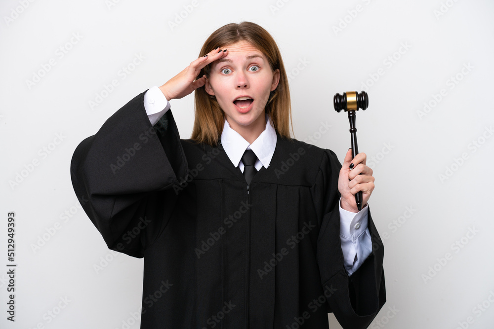 Judge English woman isolated on white background with surprise ...