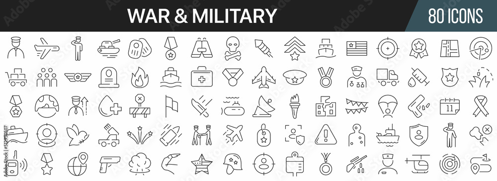 War and military line icons collection. Big UI icon set in a flat ...
