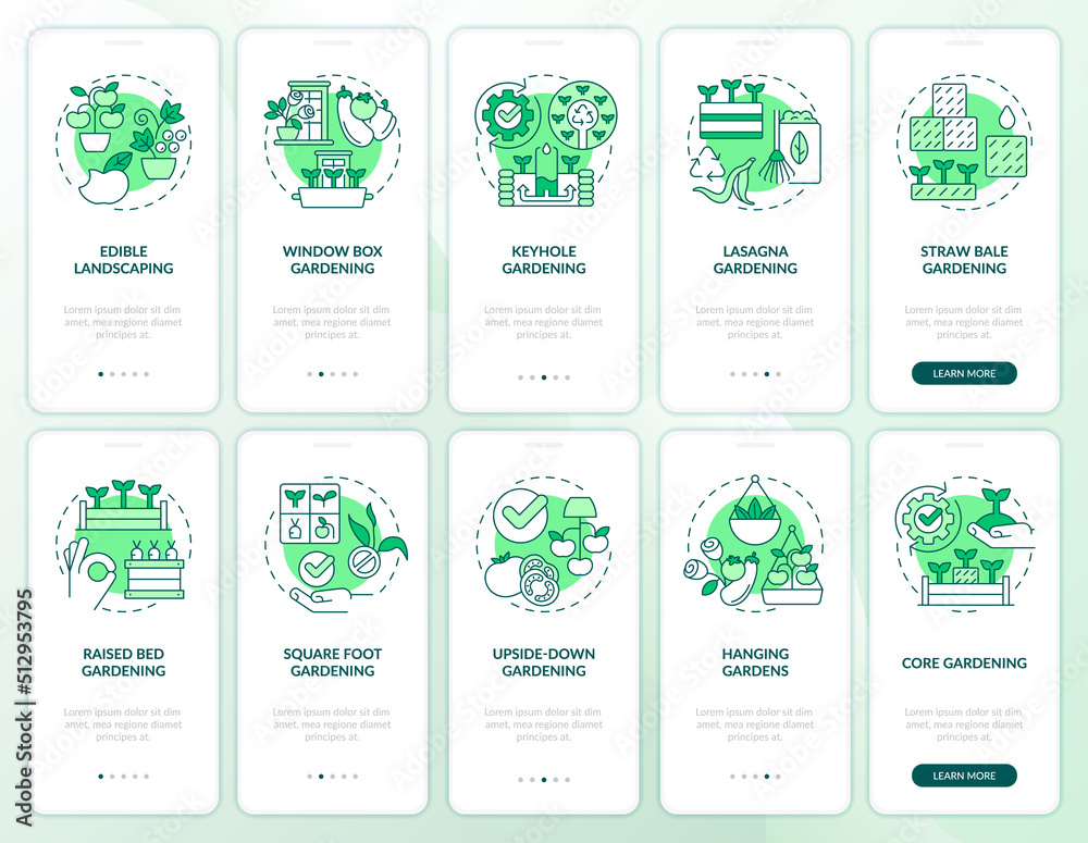 Gardening methods green onboarding mobile app screen set. Planting ...