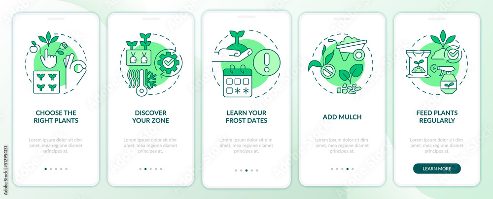 Tips for gardening green onboarding mobile app screen. Plants growth ...