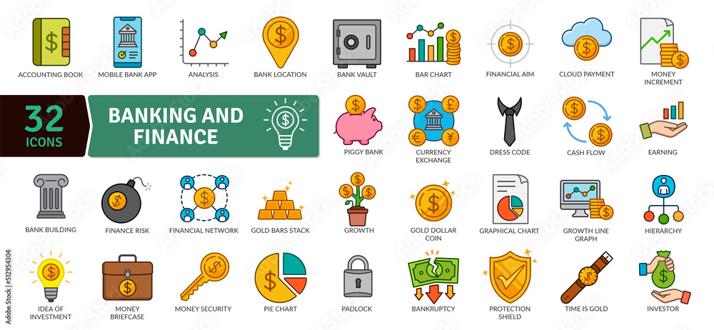 Banking and Finance colored symbols Pack. Color symbols made with ...