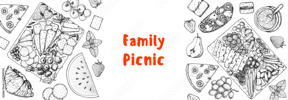 Picnic food top view. Hand drawn vector illustration. Food and drink ...