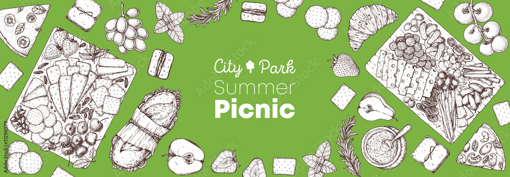 Picnic food top view. Hand drawn vector illustration. Food and drink ...