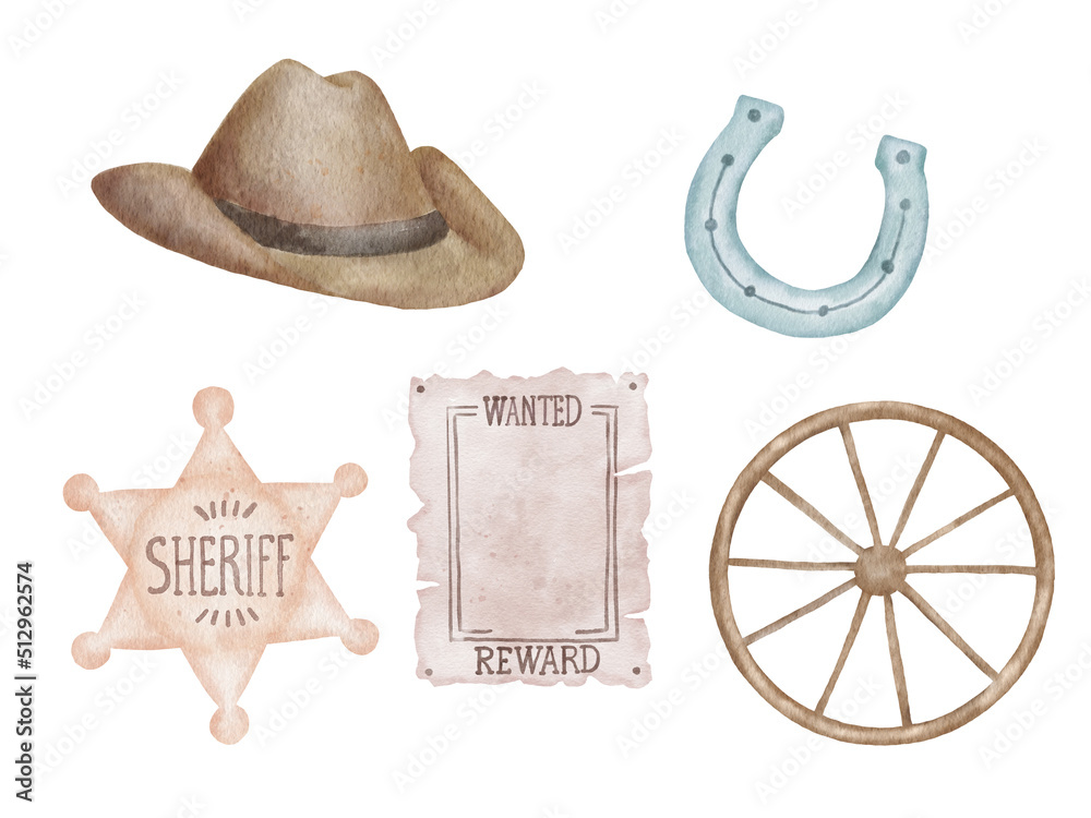 Hand drawing watercolor baby cowboy set. Wild west theme things ...