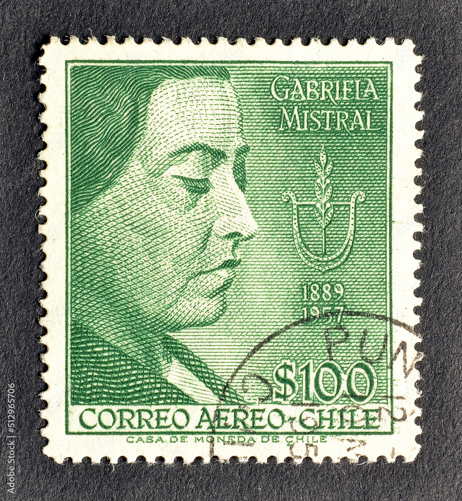 Cancelled postage stamp printed by Chile, that shows Gabriela Mistral ...