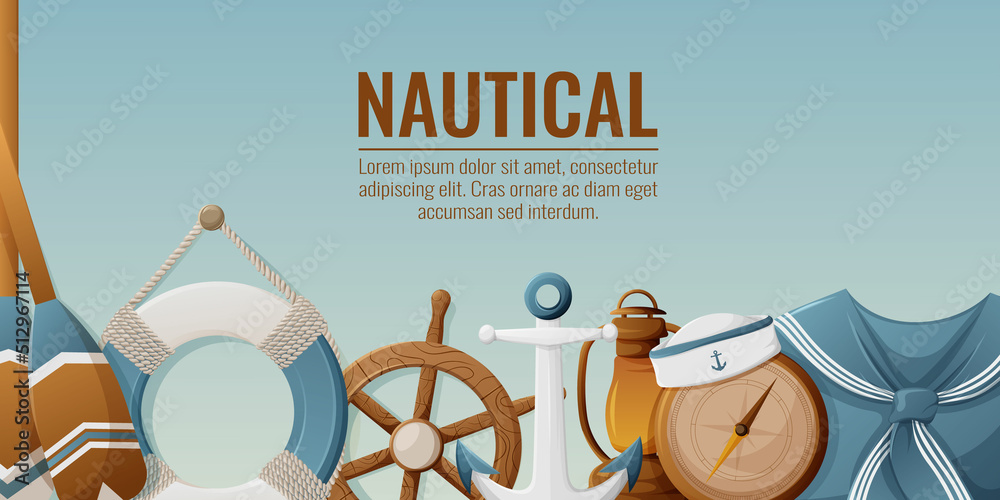Nautical background with oars, lifebuoy, ship steering wheel, sailor ...