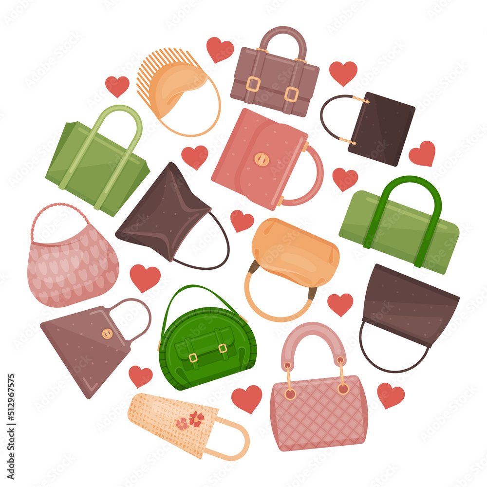 Cute many bags in round form. Vector illustration. Cartoon style. Stock ...