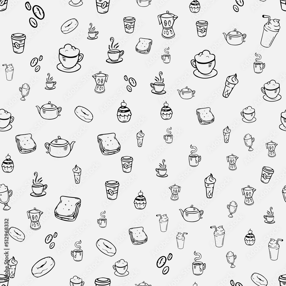Cafe seamless pattern. Hand drawn tea and coffee pots, desserts and ...