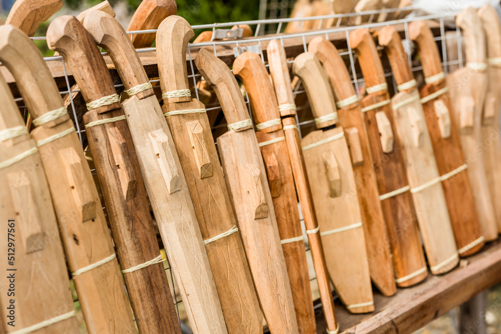 Sheathed sundang, itak and bolos, types of Filipino knives, on display ...