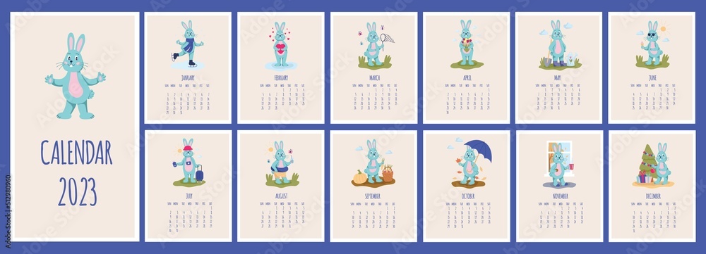 Calendar for 2023 with the character rabbit. The little rabbit is ...