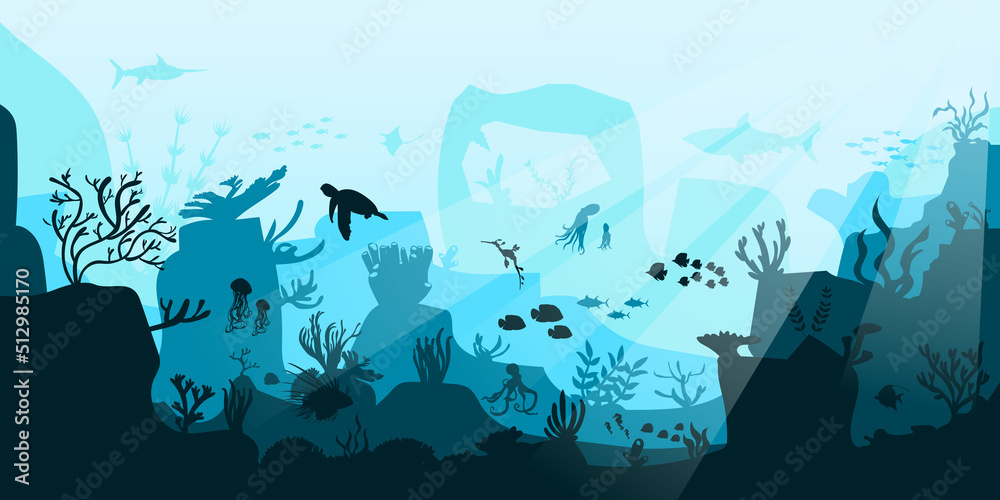 Underwater ocean background. Black silhouettes swimming sea fish with ...