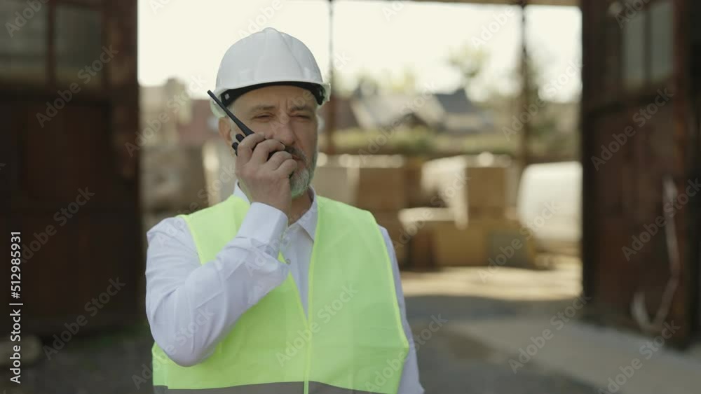 Stockvideon Male inspector in white hard hat and reflective vest giving ...