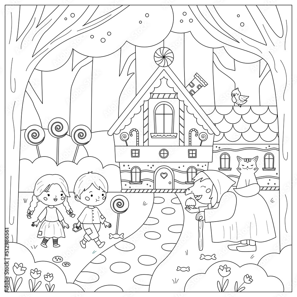 Vetor de Coloring page with Hansel and Gretel. Cartoon witch, sweet ...