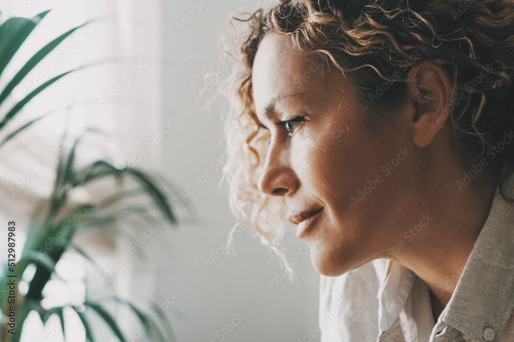 Side portrait of pensitive woman. Remembering memories and unhealthy ...