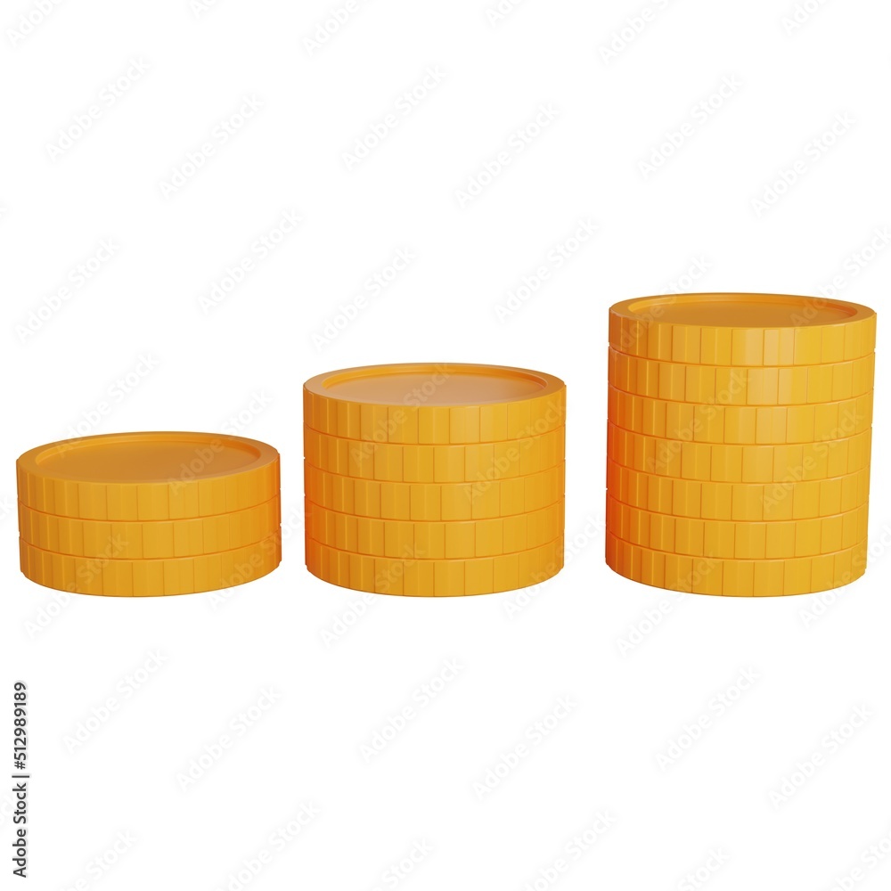 gold coin triple stack growth chart on white background - 3d render ...