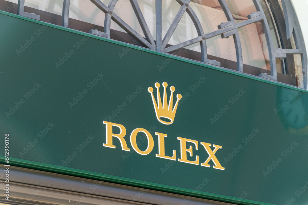 Bratislava, Slovakia - May 31, 2022: Rolex logo signage on shop facade ...