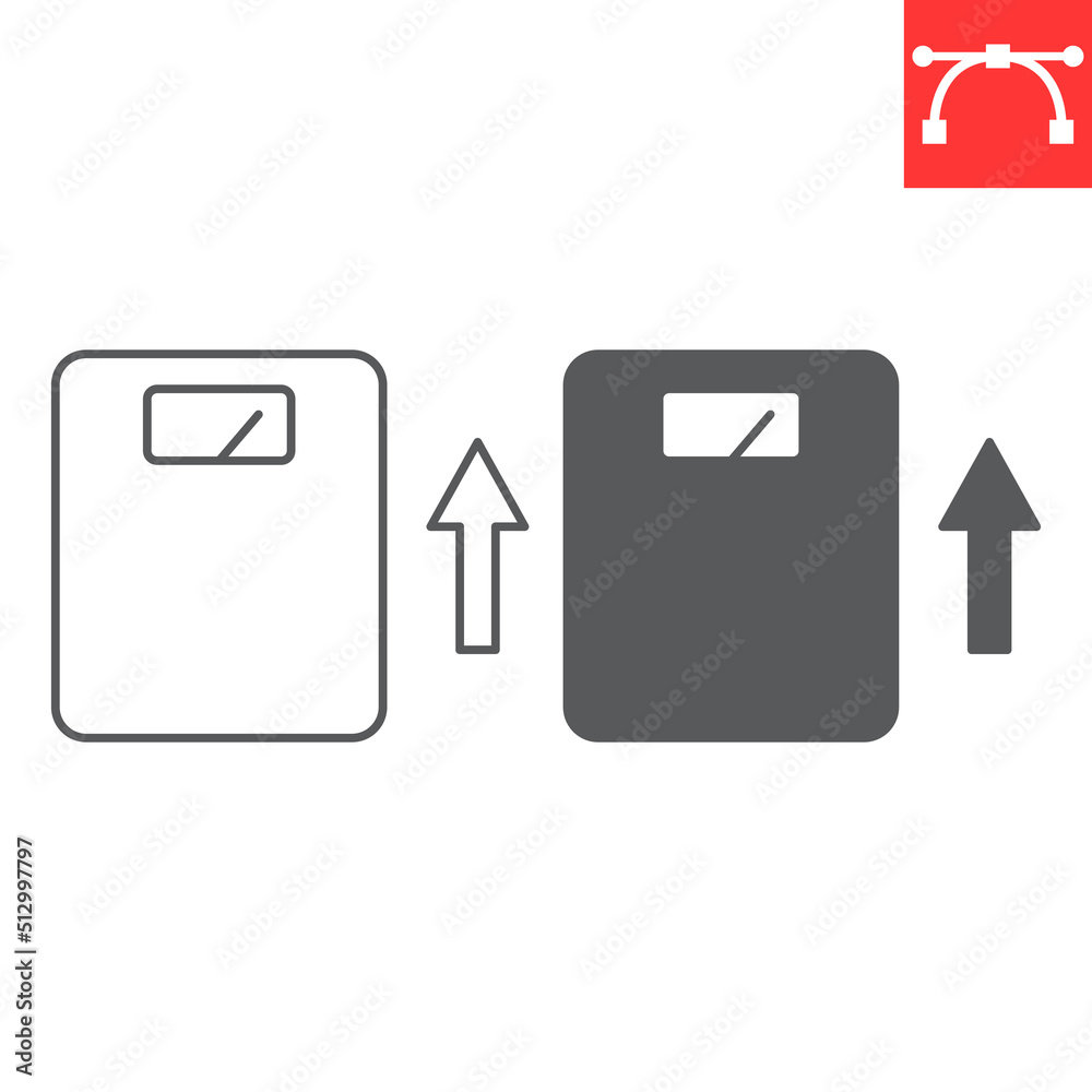 Weight gain line and glyph icon, balance and overweight, weight scale ...