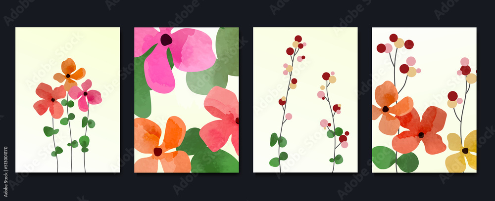 Set of abstract floral wall art vector. Leaves, flower, garden, leaf ...