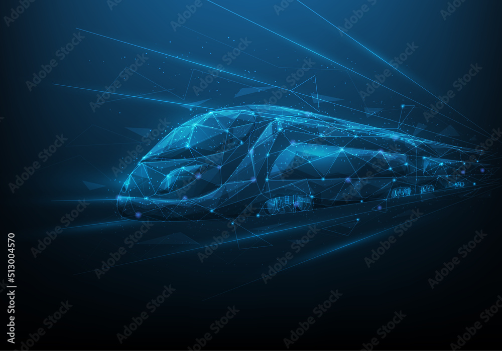 train transport technology low poly wireframe. isolated on blue dark ...