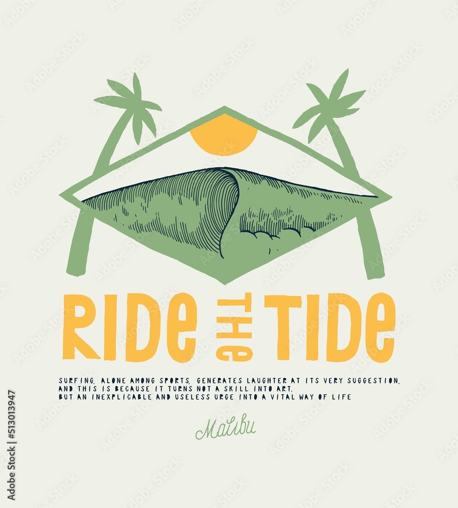 Ride the tide. Giant wave under the sun and between the palm-trees ...