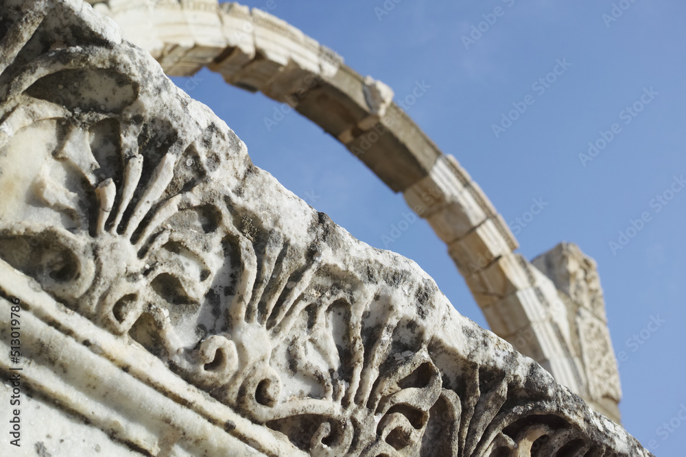 Closeup of Turkey Ephesus arch in an ancient city. Keystone arch with ...