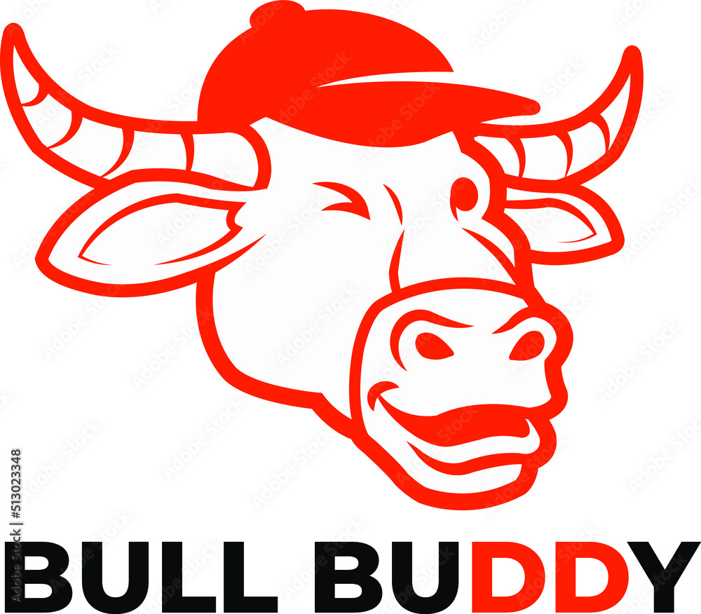 Bull Wearing Cap Cartoon Monoline Outline Logo Vector Icon Illustration ...