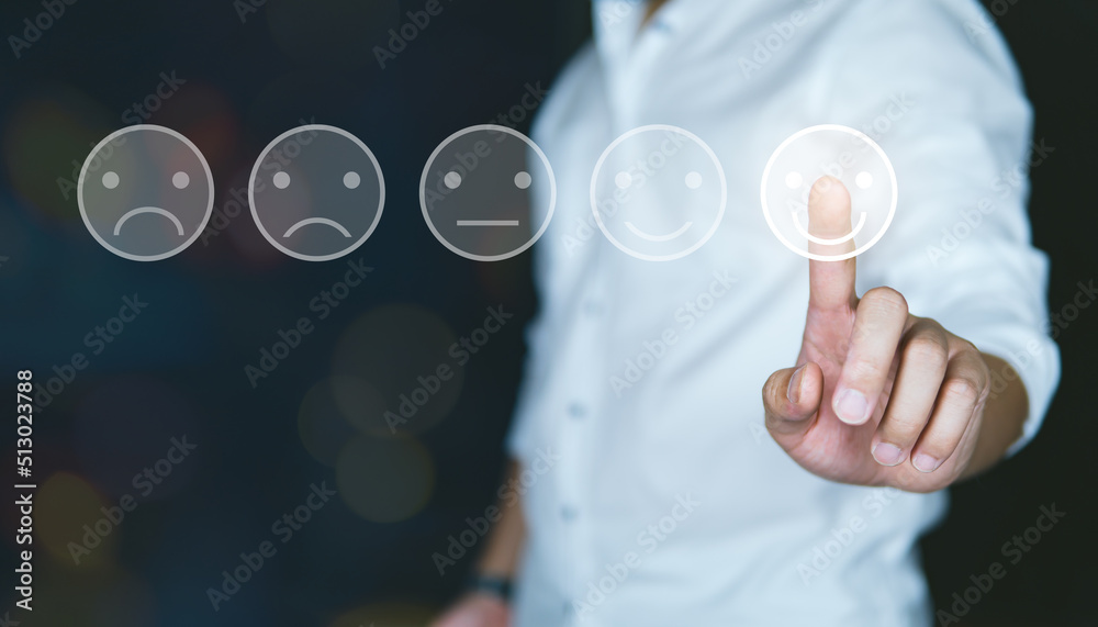 Customer review good rating concept, people pressing smile face icon ...