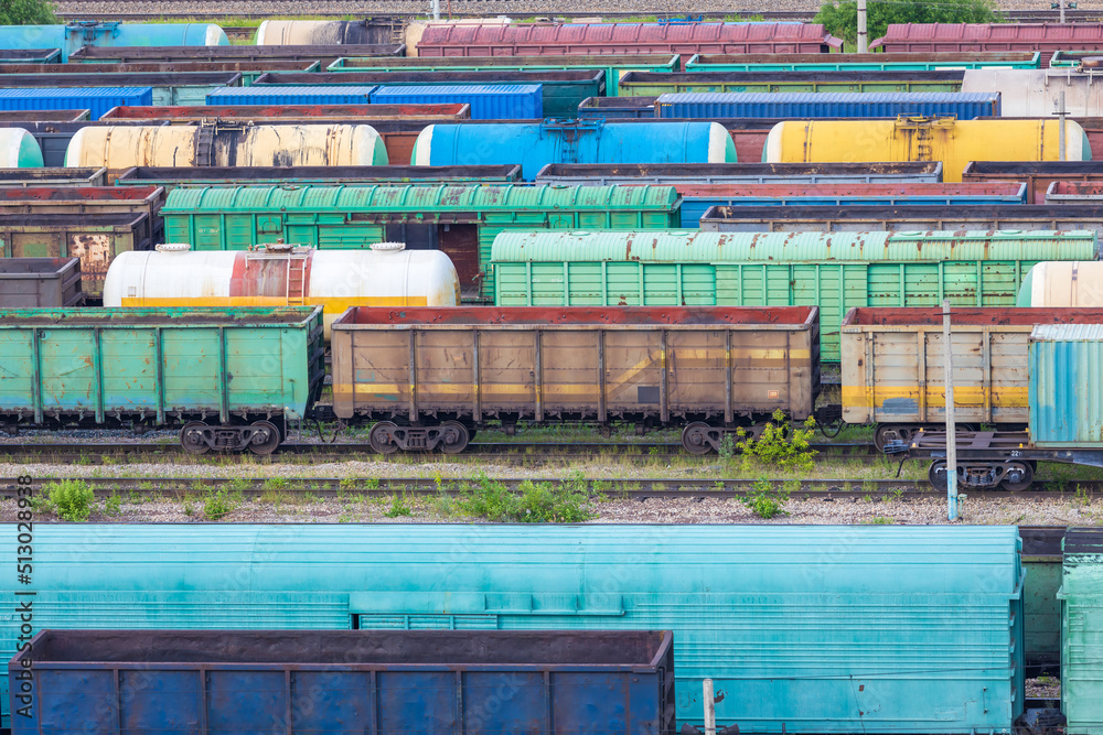 Freight wagons in railway. Dead end on railway station with cargo ...