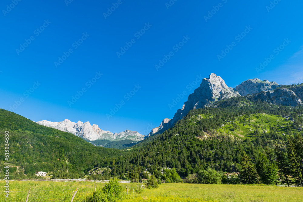 Albanian Alps view. Accursed Mountains landscape viewed from Valbona ...