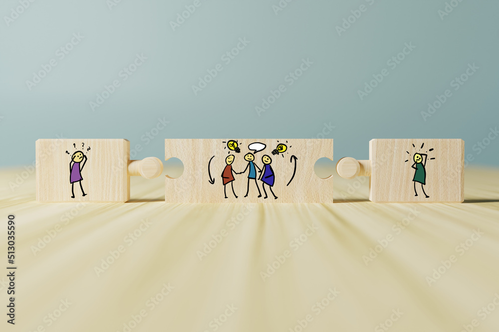 Brainstorming, wooden blocks with animated people who wonder and are ...