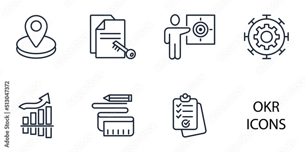 Objectives and key results icons set . Objectives and key results pack ...