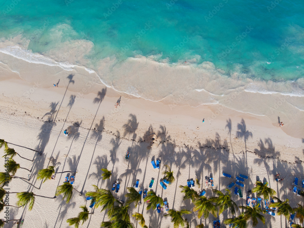 A beautiful beach with palm trees and white sand, azure waves lapping ...