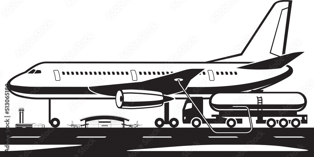 Tank truck loading aircraft with fuel – vector illustration Stock ...