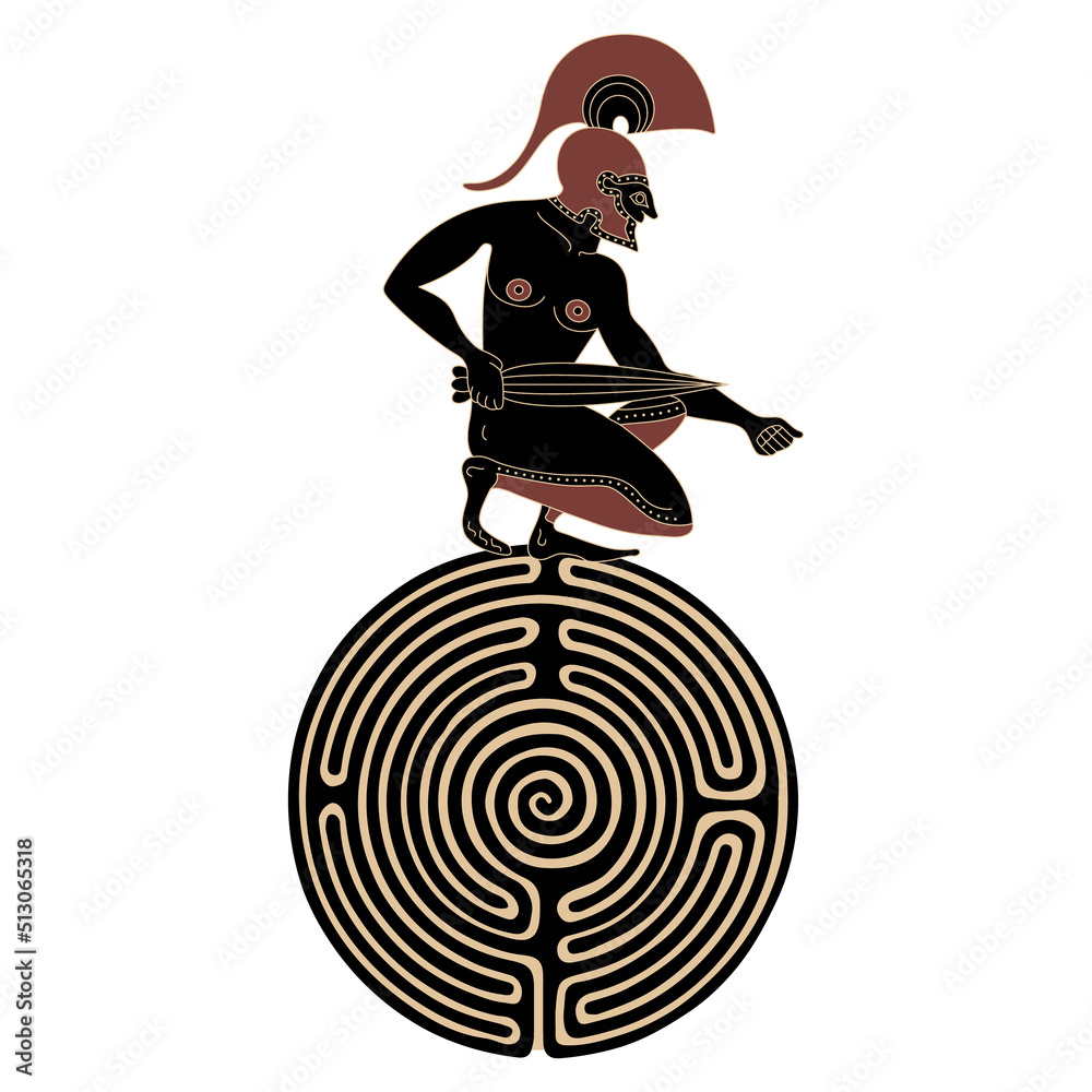 Ancient Greek warrior kneeling on top of a round spiral maze or ...
