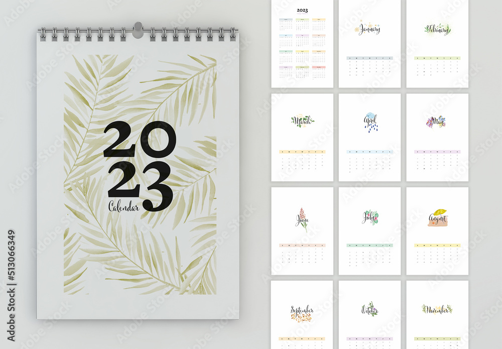 Minimal Watercolor Illustrations 2023 Calendar Stock Template | Adobe Stock