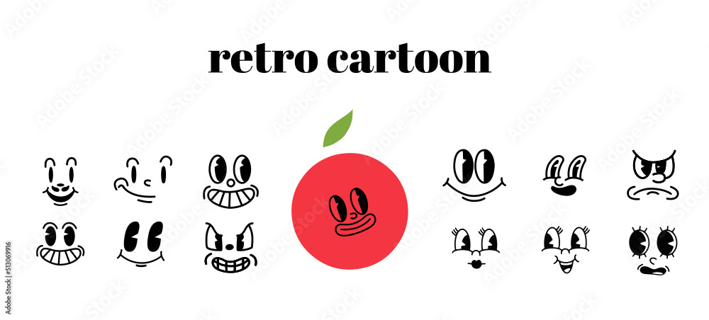 Retro 30s cartoon mascot characters funny faces. 50s, 60s old animation ...