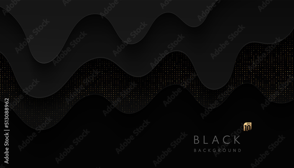Abstract black wavy shape overlap layers with glowing golden glitter ...